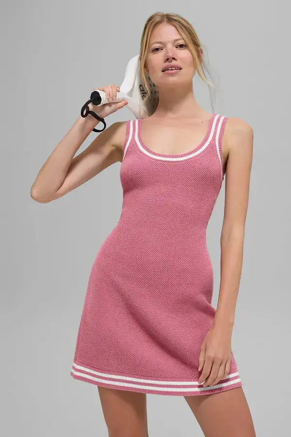 Alo Yoga Tennis Club Sweater Knit Dress - Pink Wild Rose/White